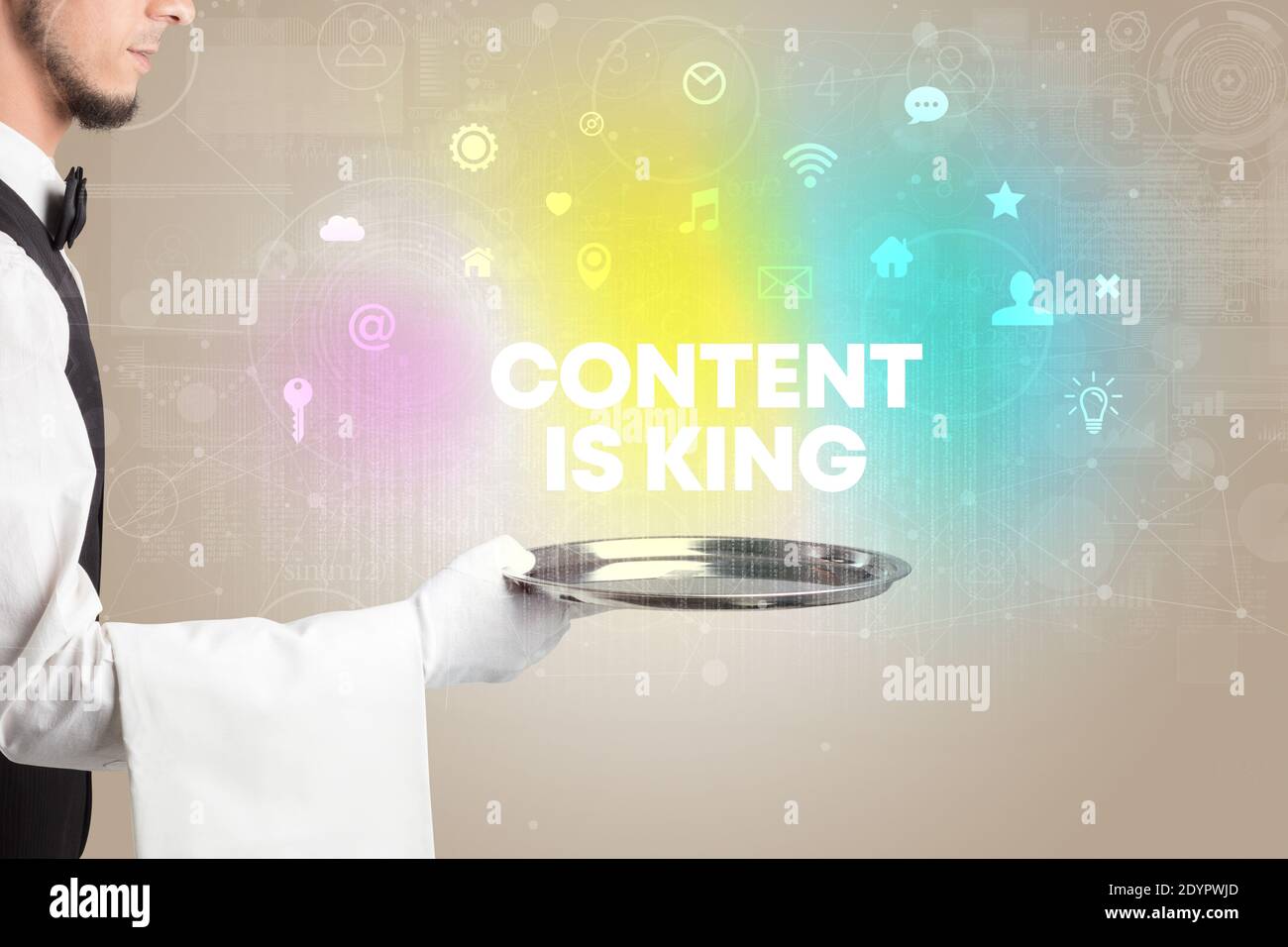 Waiter serving social networking with CONTENT IS KING inscription, new ...