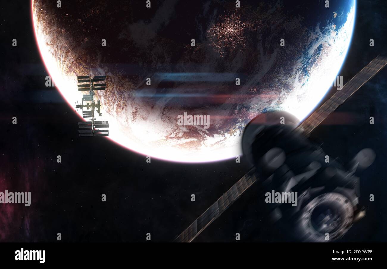 Space stations on background of inhabited planet in deep space in light of red and blue stars ...