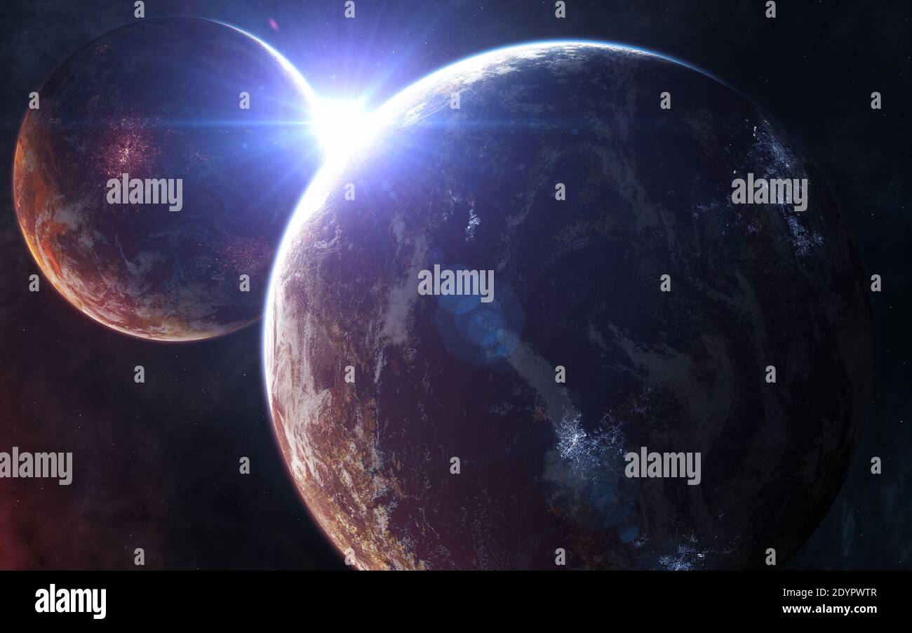 Inhabited planets of deep space. Rise of blue star Stock Photo - Alamy