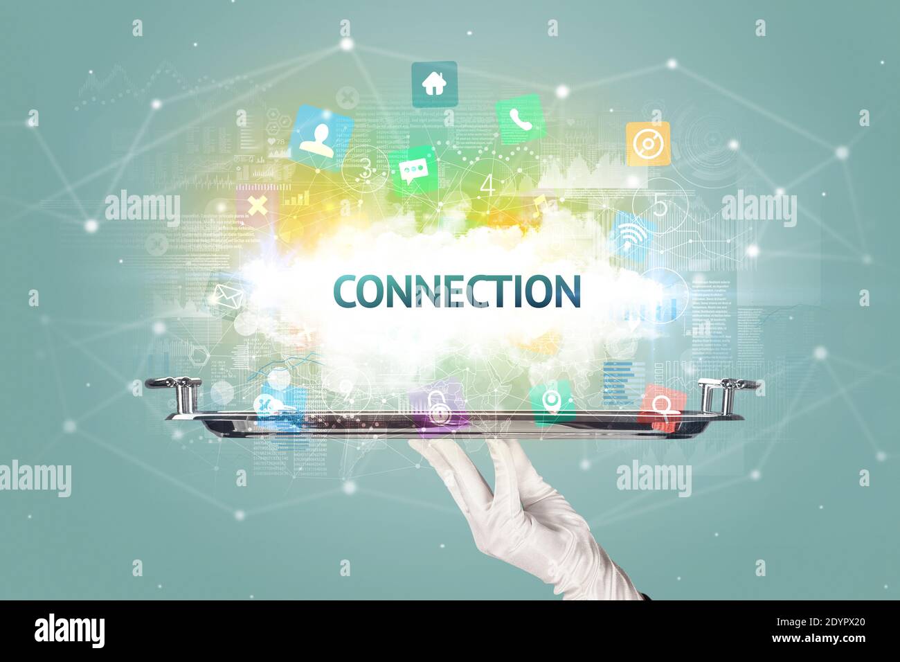 Waiter serving social networking concept with CONNECTION inscription ...