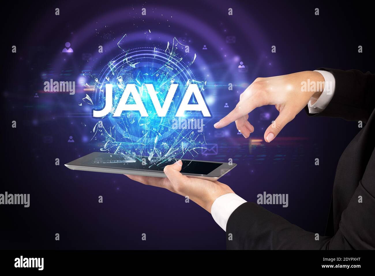 Close-up of a touchscreen with JAVA abbreviation, modern technology ...