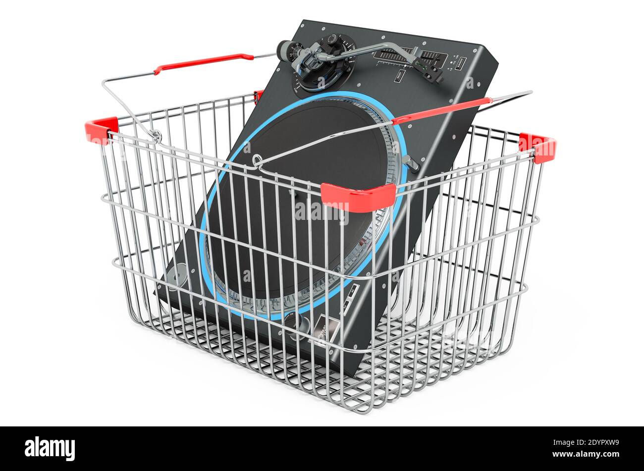 Shopping basket with phonograph turntable, 3D rendering isolated on ...