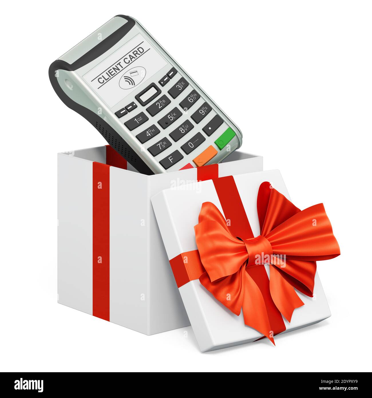 POS-terminal inside gift box, present concept. 3D rendering isolated on ...