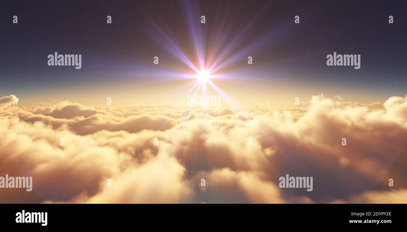 above clouds sunrise sun ray illustration, 3d rendering Stock Photo - Alamy