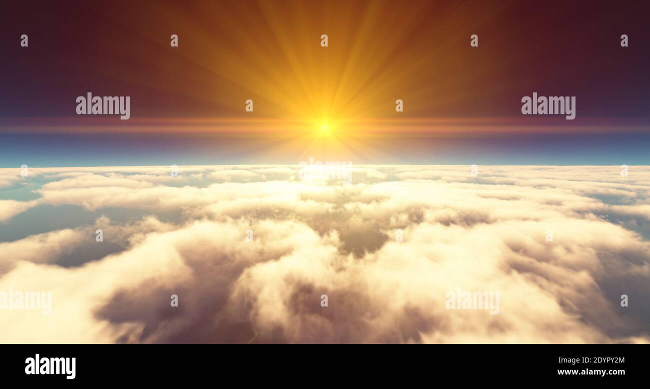 fly above clouds sunset landscape. 3d render illustration Stock Photo ...
