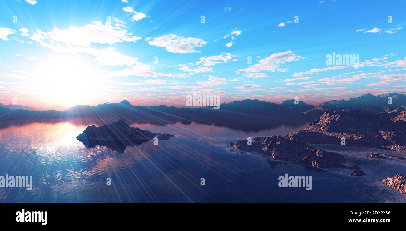 above islands in sea sunset, illustration 3d rendering Stock Photo - Alamy
