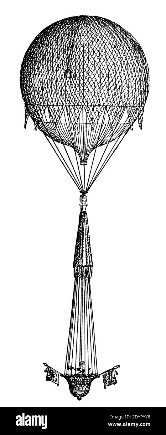 The gas balloon with parachute by Jacques Charles. Illustration of the ...