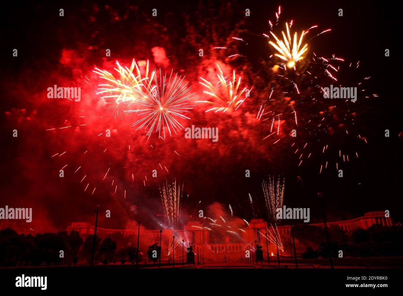 Fireworks light up the sky over the Trocadero square during the annual ...