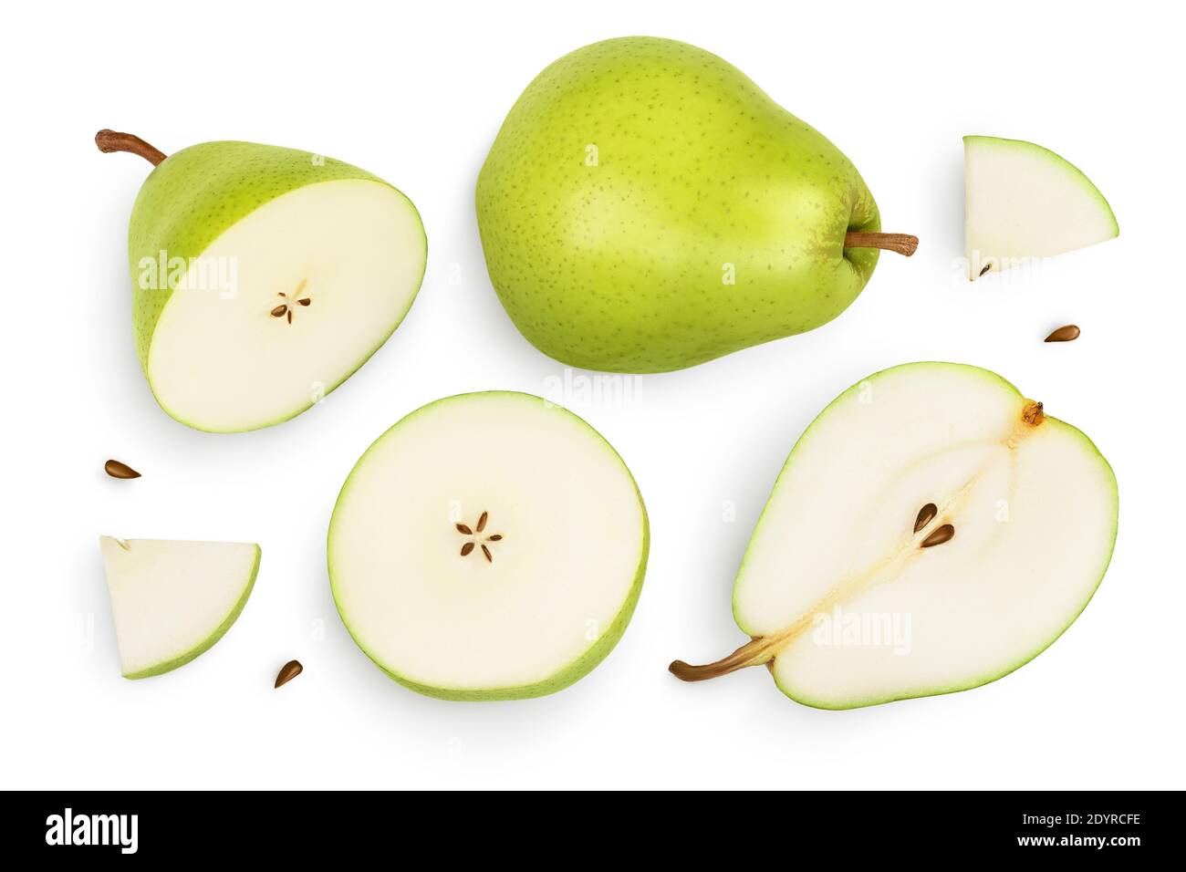 Green pear fruit with slices isolated on white background with clipping ...