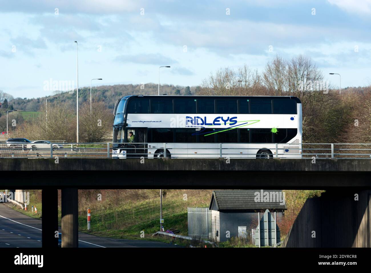 A Ridleys coach at Longbridge Island crossing the M40 motorway, Warwick ...