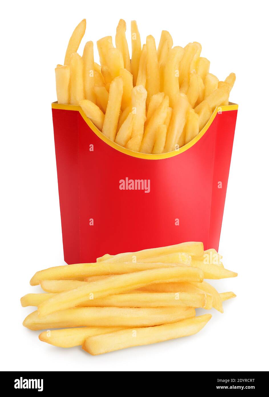 French fries or fried potatoes in a red carton box isolated on white ...