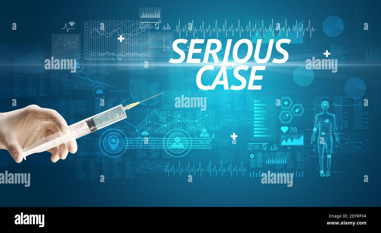 Syringe needle with virus vaccine and SERIOUS CASE inscription, antidote concept Stock Photo - Alamy