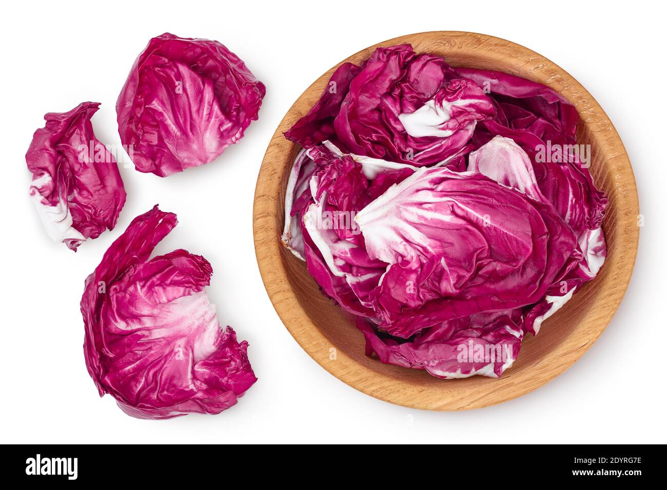 Fresh red radicchio salad in wooden bowl isolated on white background ...