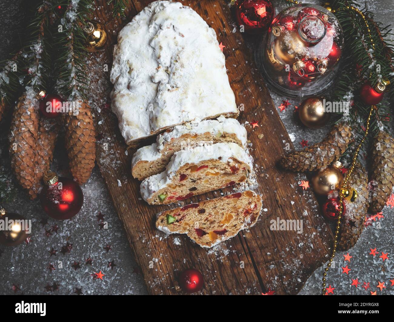 Traditional Christmas stollen, cookies and Christmas decorations ...