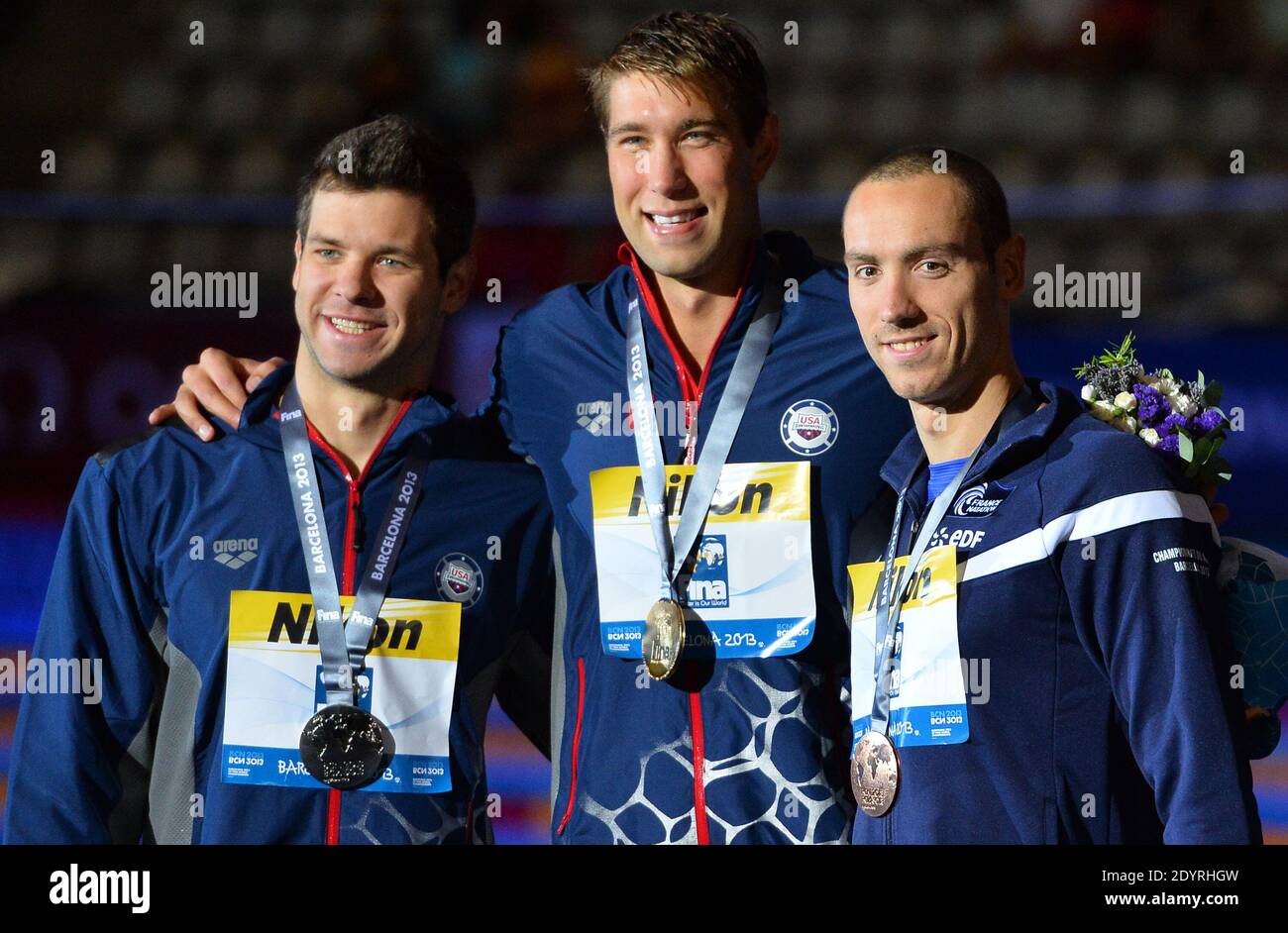 Matt Grevers (C) and David Plummer (L) of the United States, Jeremy ...