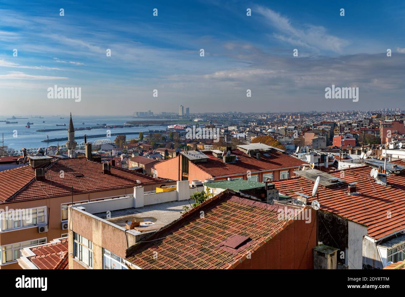 View on the Bosphorus Bay from the roof. Red roofs of Istanbul ...