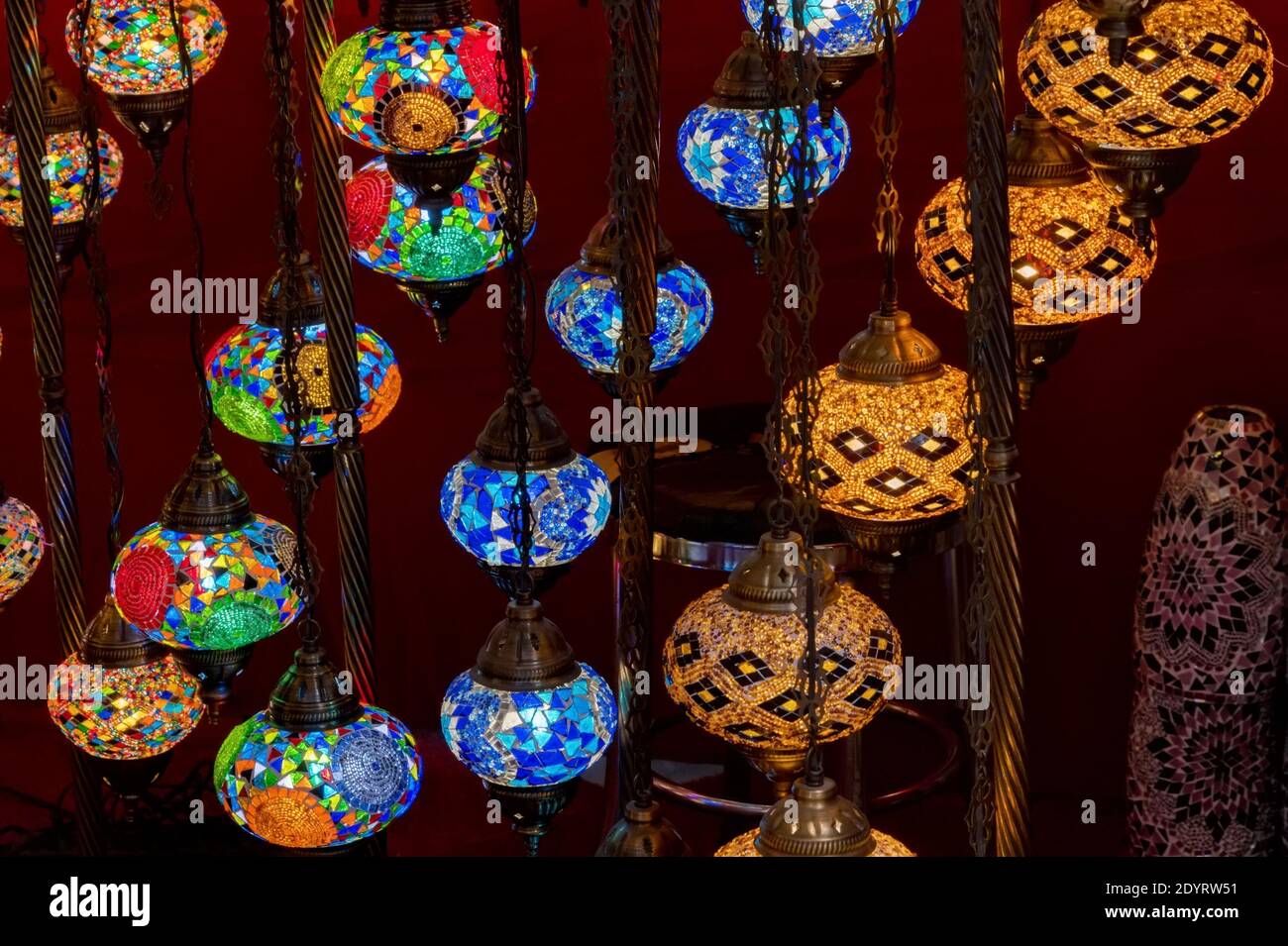 Oriental multi colored authentic retro style lights. Many illuminated ...