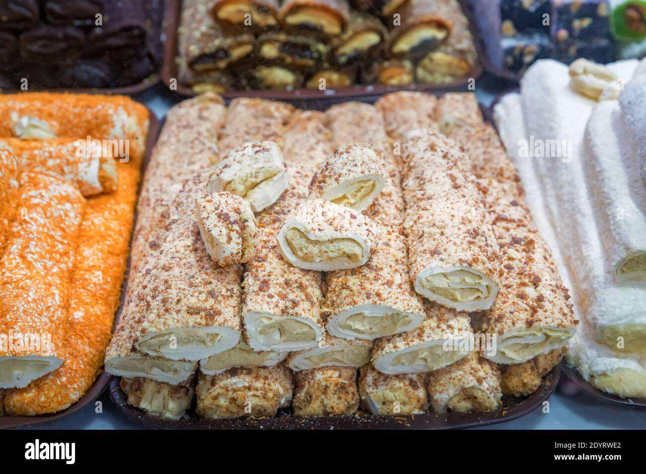 Turkish delight types with dried fruits and dried fruits. Selective ...