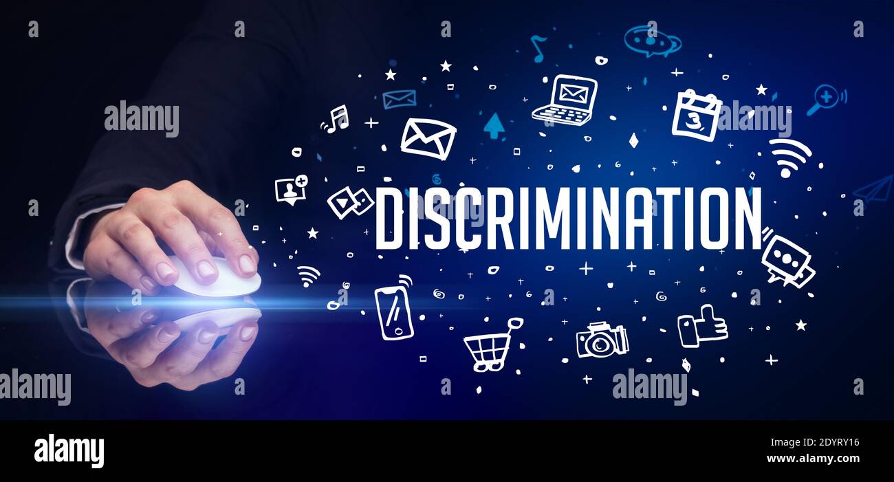 hand holding wireless peripheral with DISCRIMINATION inscription ...