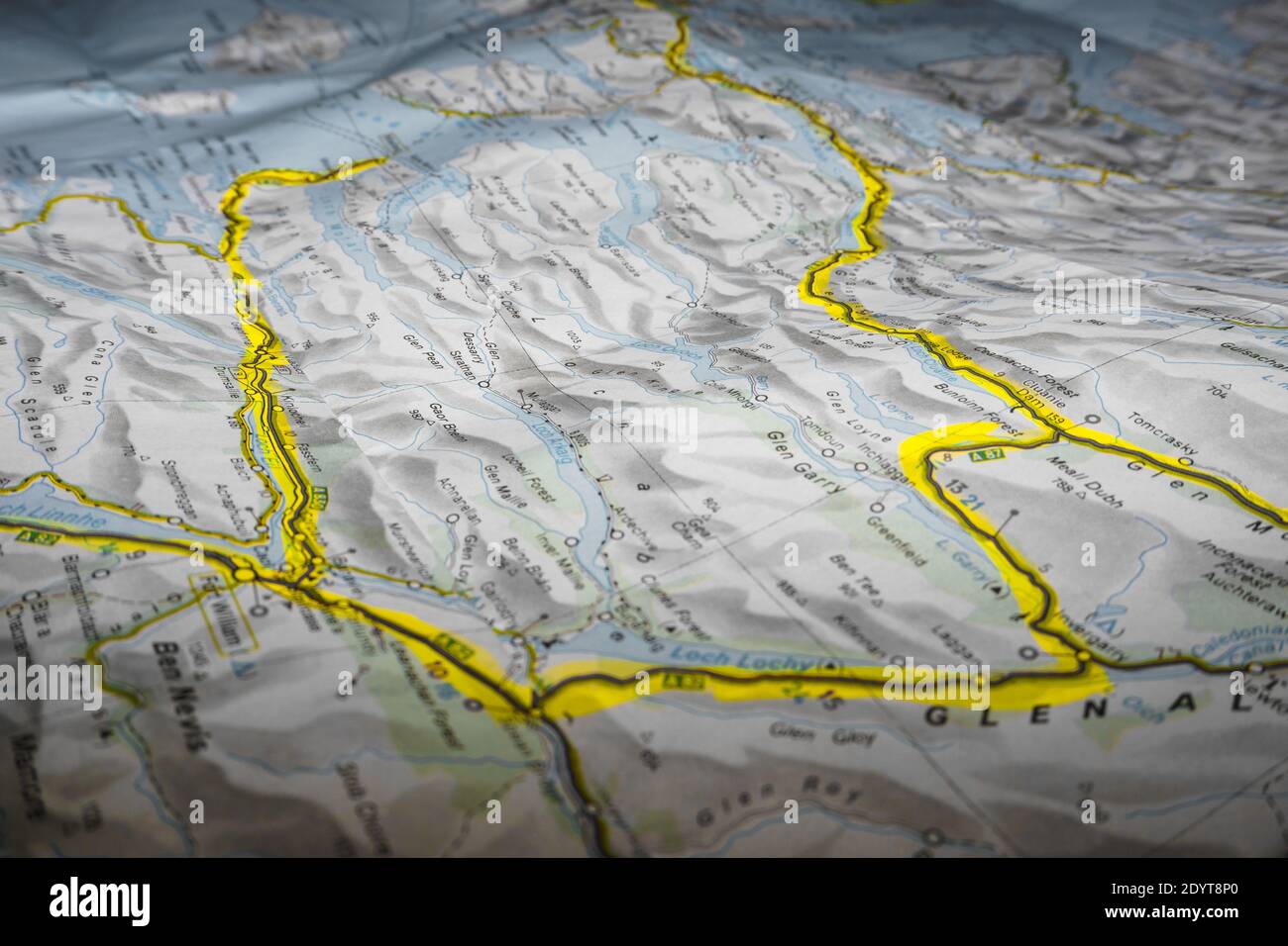 Detail of a road map of scotland marked with text marker area Highland ...