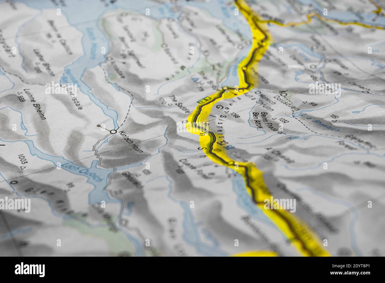 Detail of a road map of scotland marked with text marker area Kintail ...