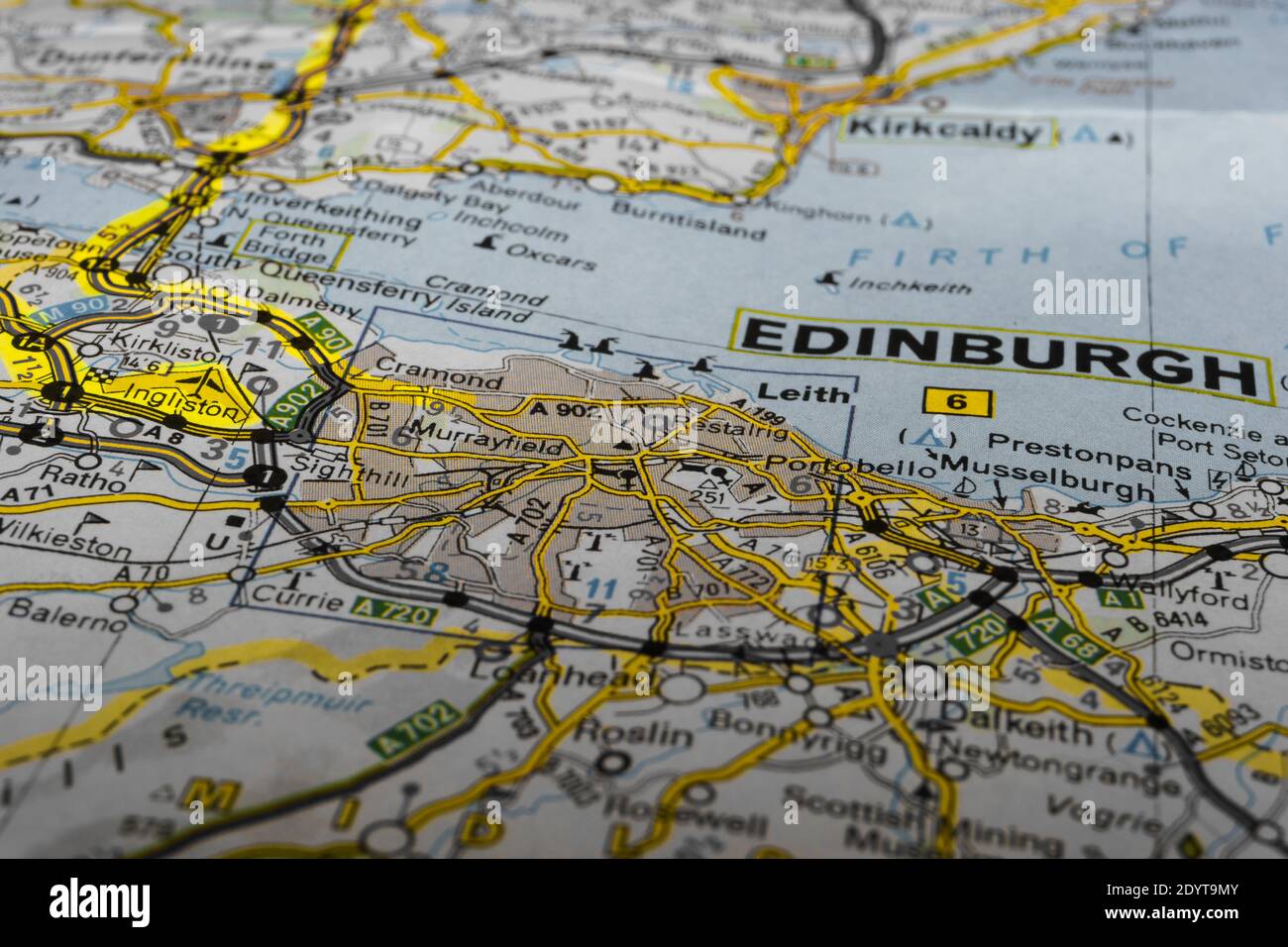 Detail of a road map of scotland marked with text marker area Edinburgh ...