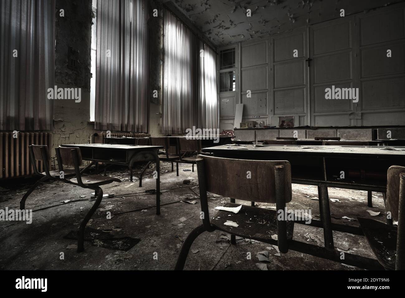Ruined classroom desks school hi-res stock photography and images - Alamy