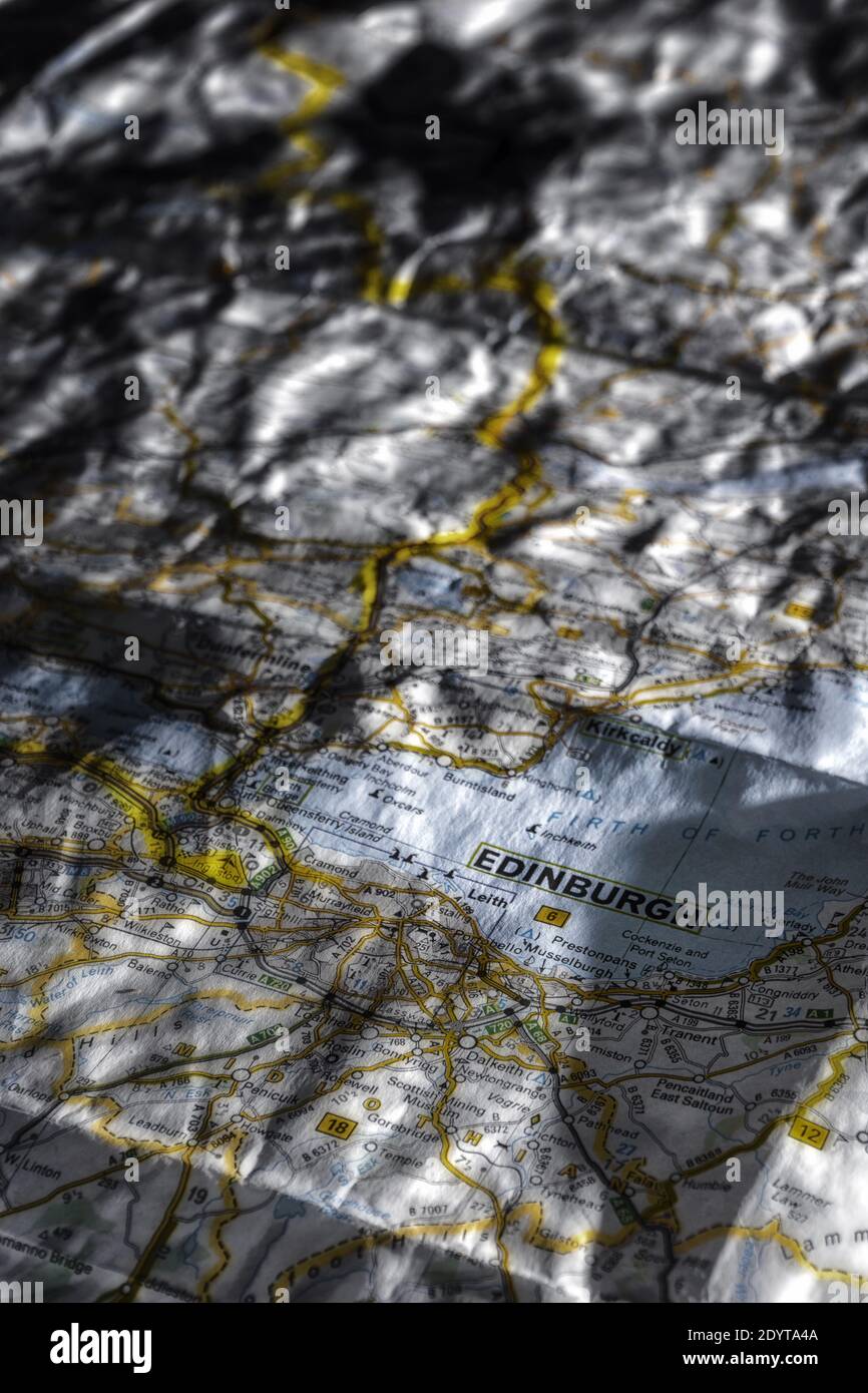 Detail of a road map of scotland marked with text marker area Edinburgh ...