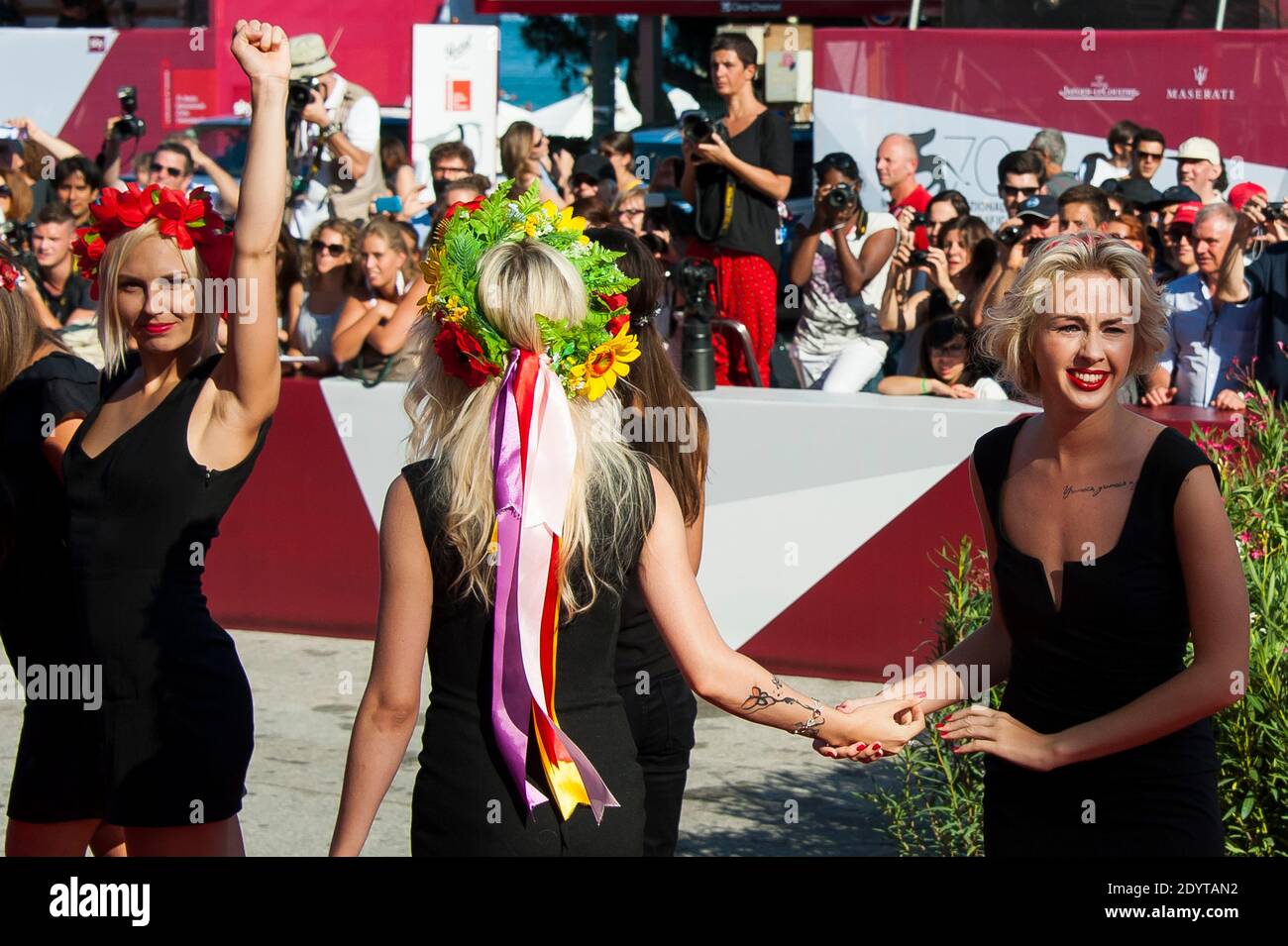 Femen activists with Sasha Shevchenko attending 'Sacro Gra' premiere during The 70th Venice ...