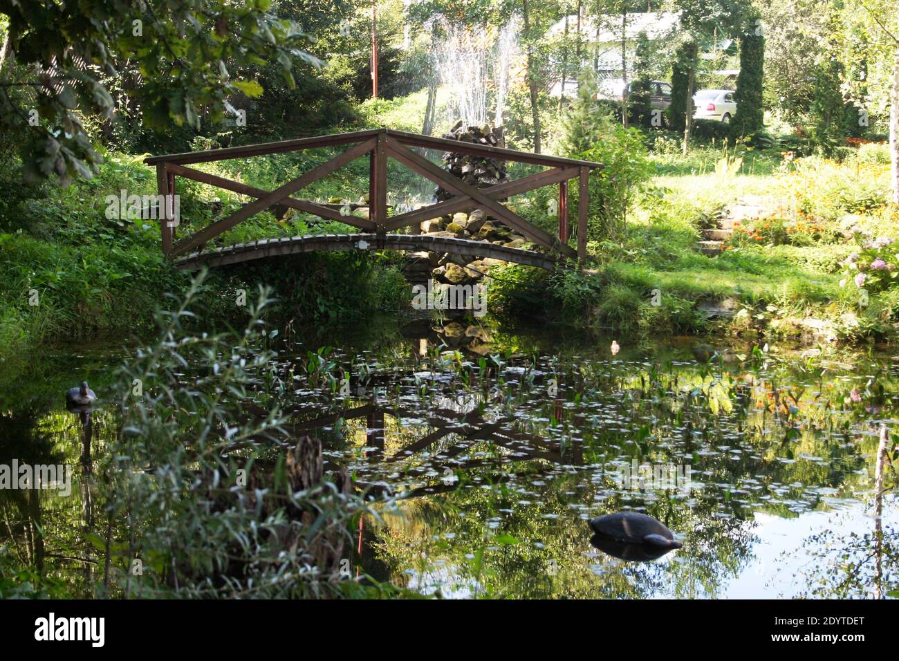 Small wooden bridge over a pond Stock Photo - Alamy
