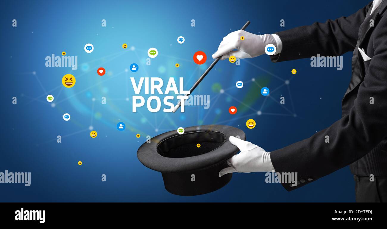 Magician is showing magic trick with VIRAL POST inscription, social ...