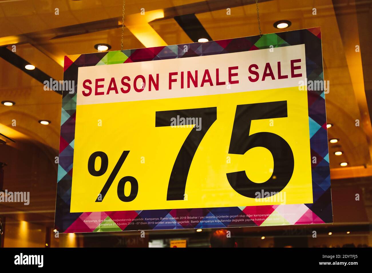 Seasonal sales sign on the window of store. Istanbul, Turkey ...