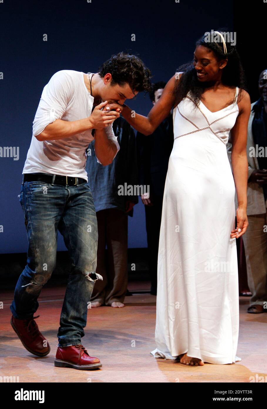 Orlando Bloom and Condola Rashad appear on stage during curtain-call ...