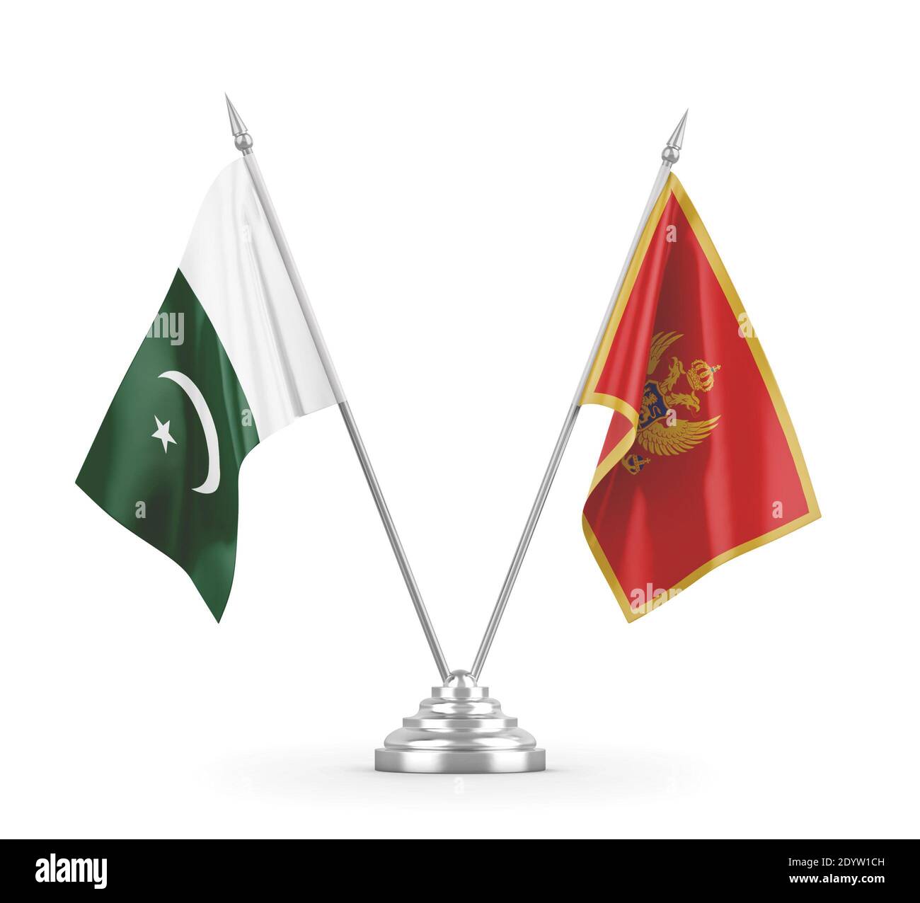 Montenegro and Pakistan table flags isolated on white 3D rendering ...