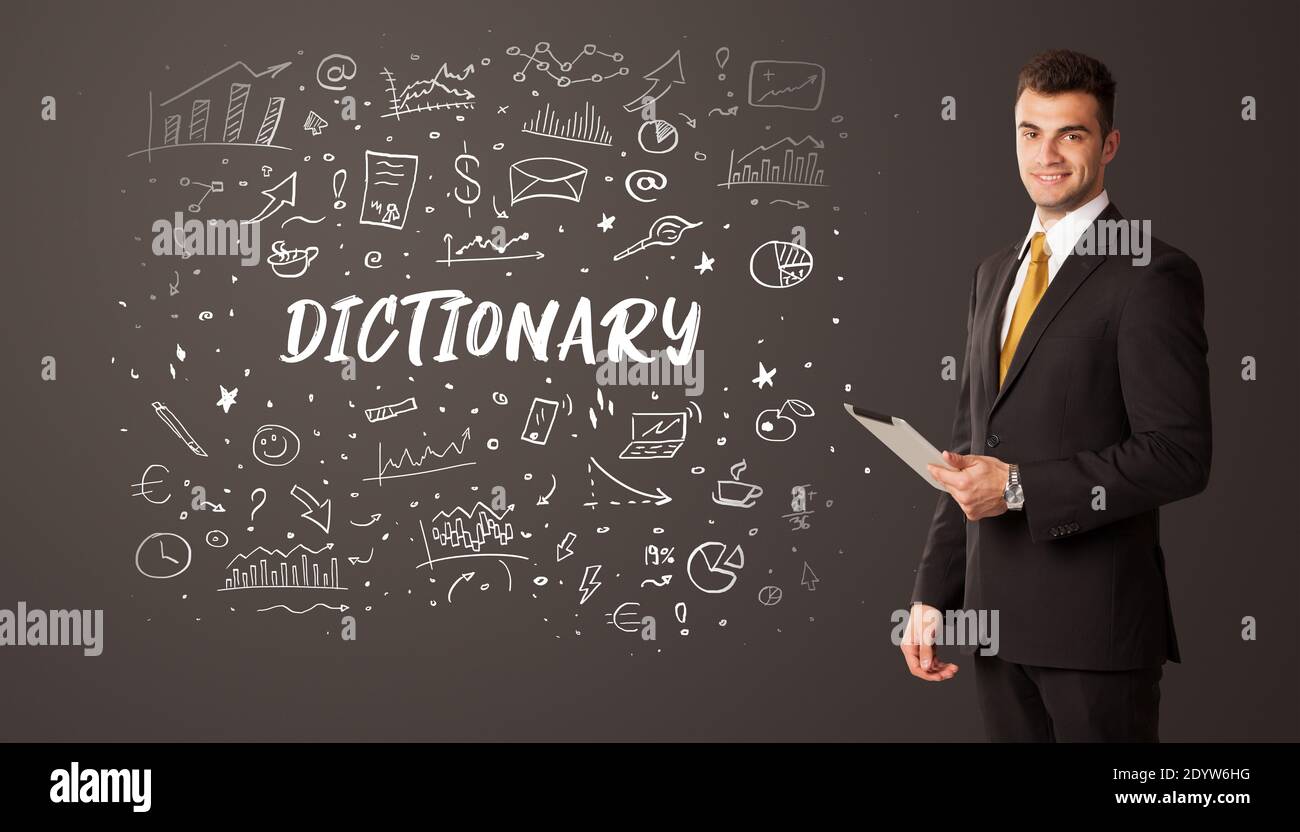 Businessman thinking with DICTIONARY inscription, business education ...