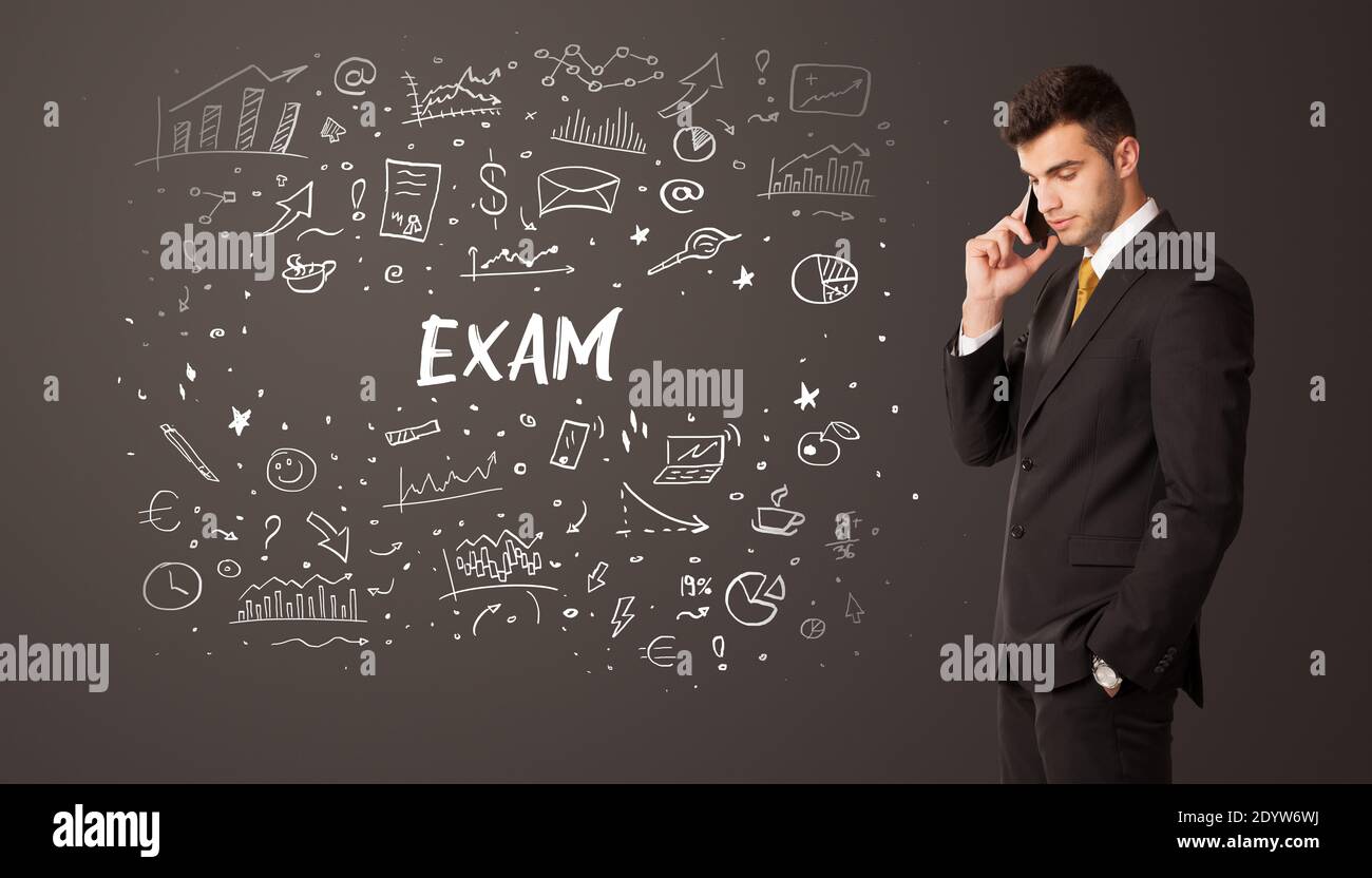 Businessman thinking with EXAM inscription, business education concept ...