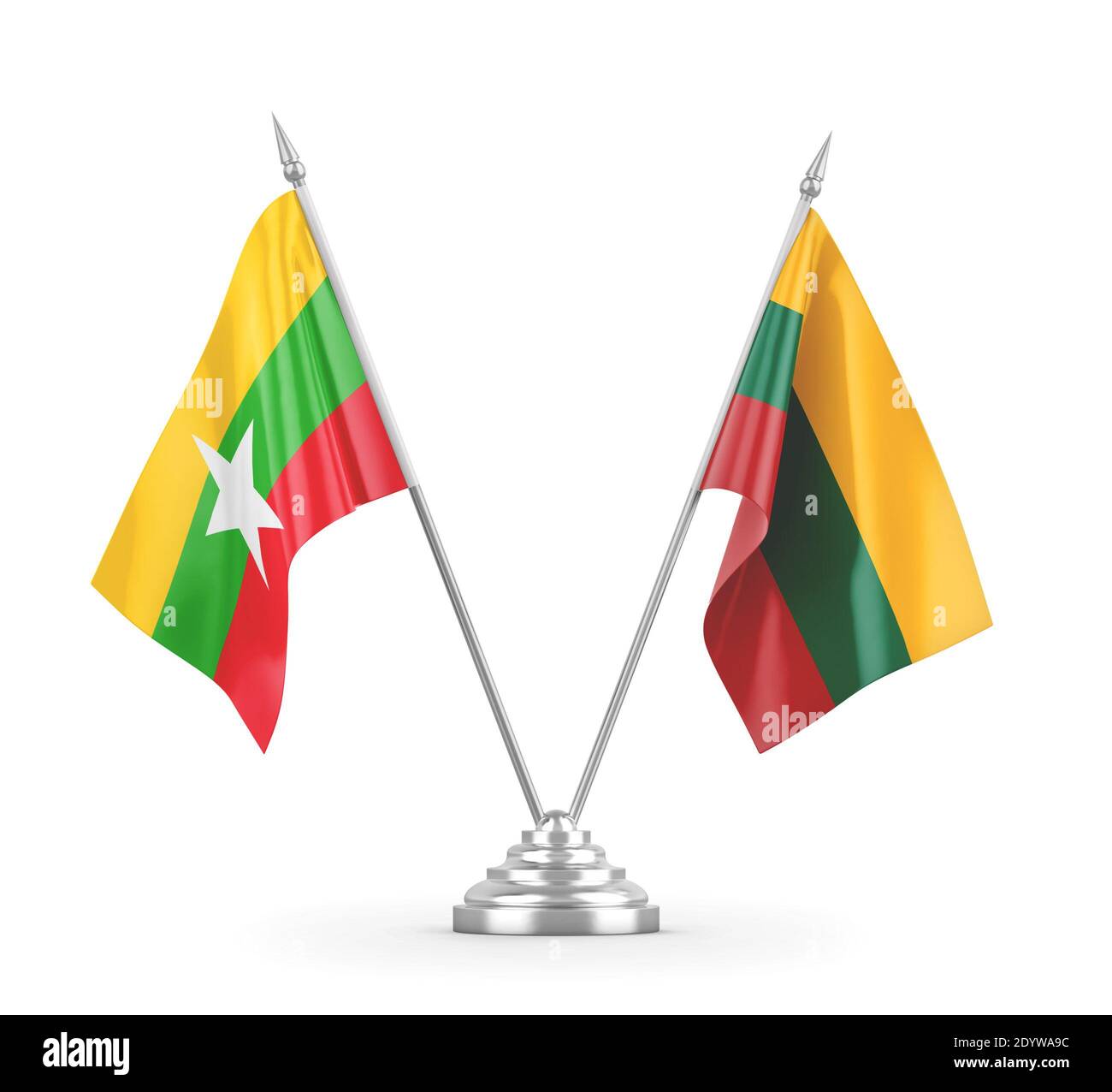 Lithuania and Myanmar table flags isolated on white 3D rendering Stock ...