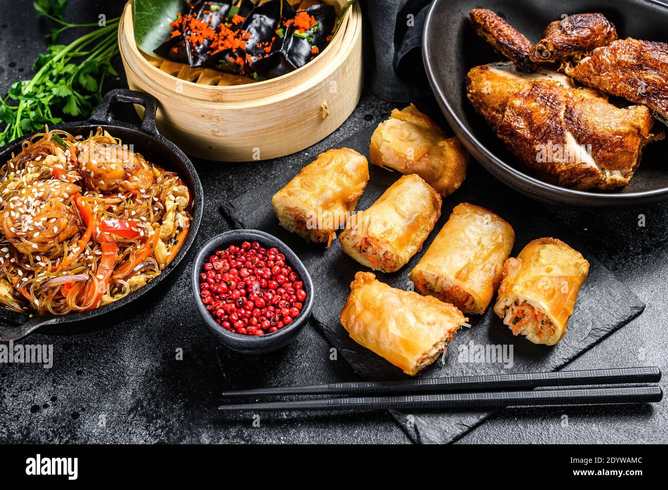 Chinese cuisine dishes set, food black background. Chinese noodles ...