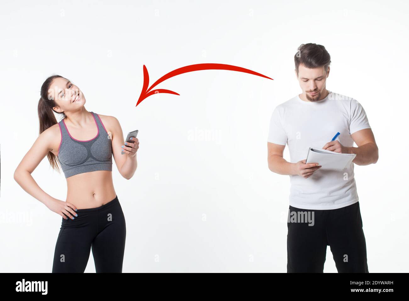 young female workout with personal fitness trainer on smartphone online ...