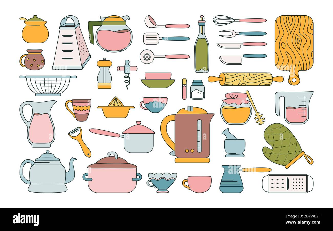 Kitchen tool line flat set. Modern cooking baking cartoon dishes ...
