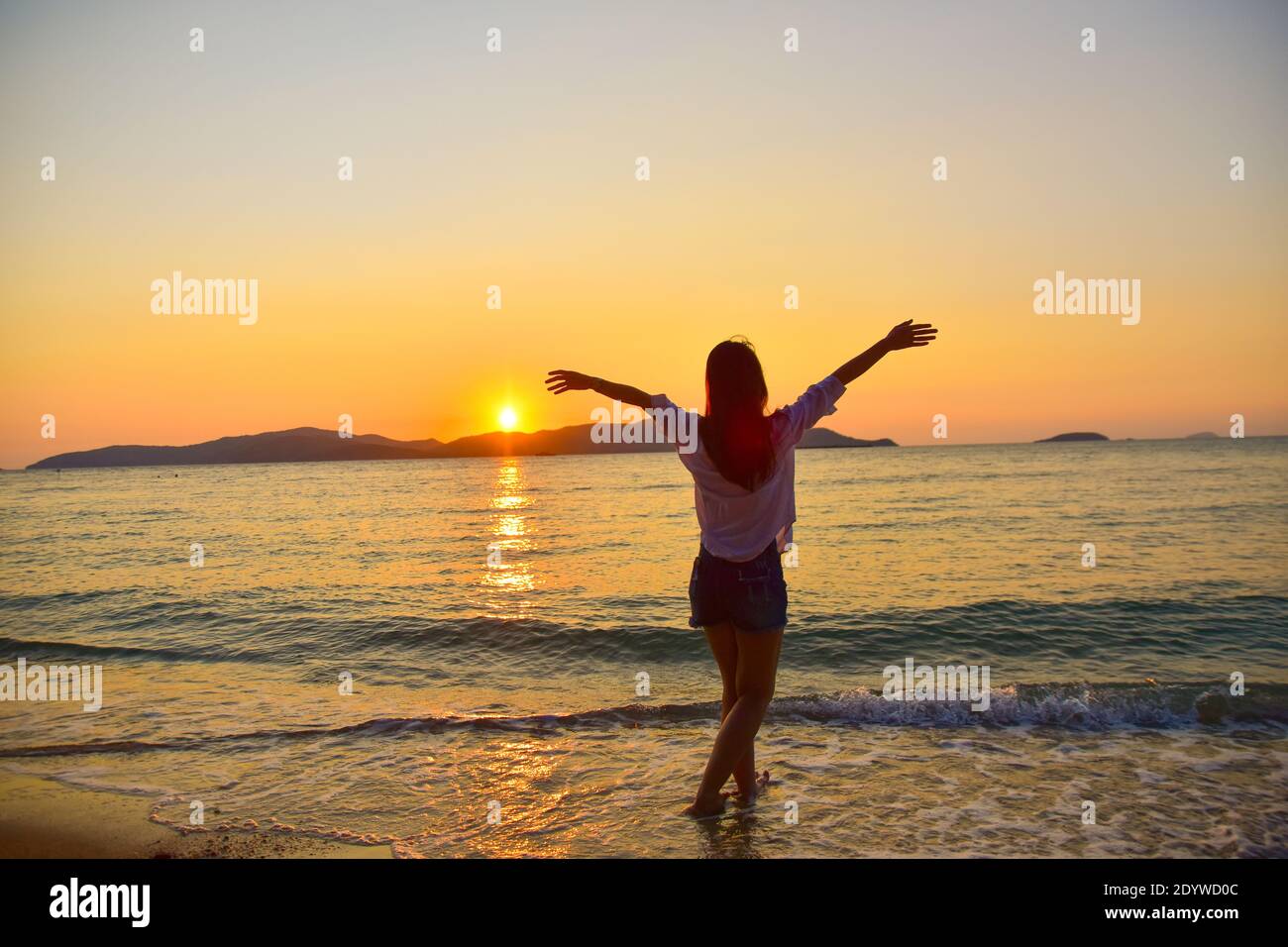 Women Standing on Beach at Sea And Sunset Background Summer Holidays ...