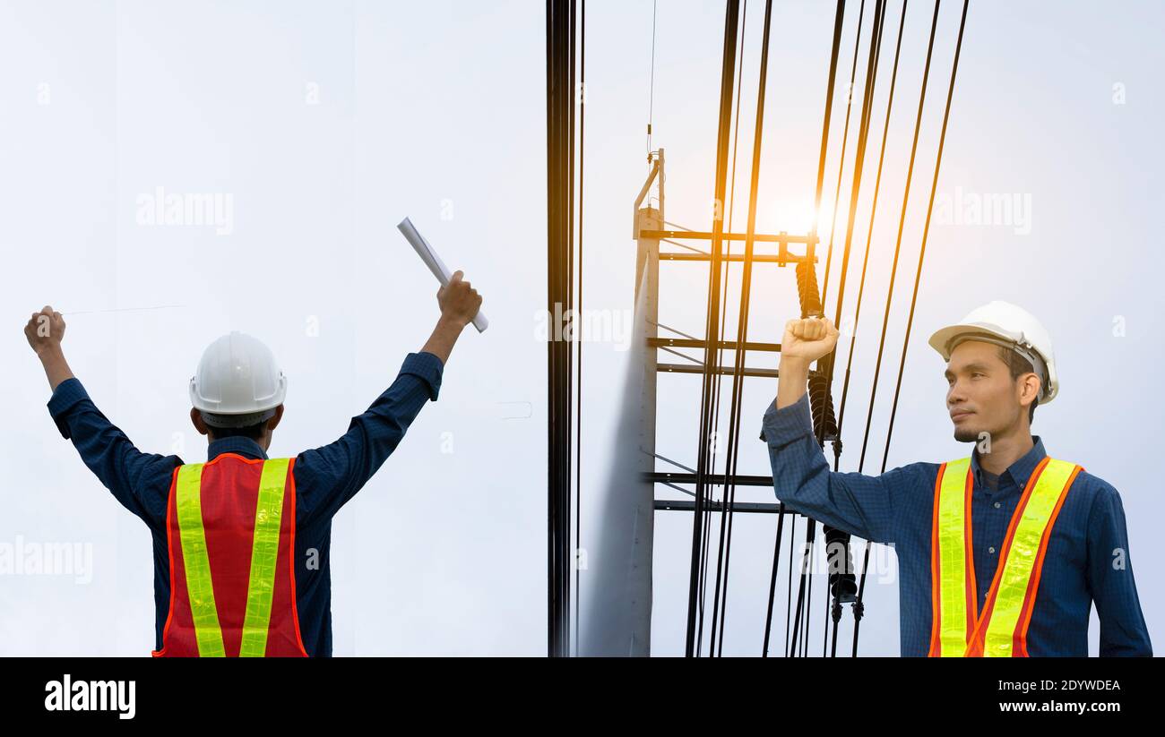 Engineering wears a white safety hat while working And Background ...