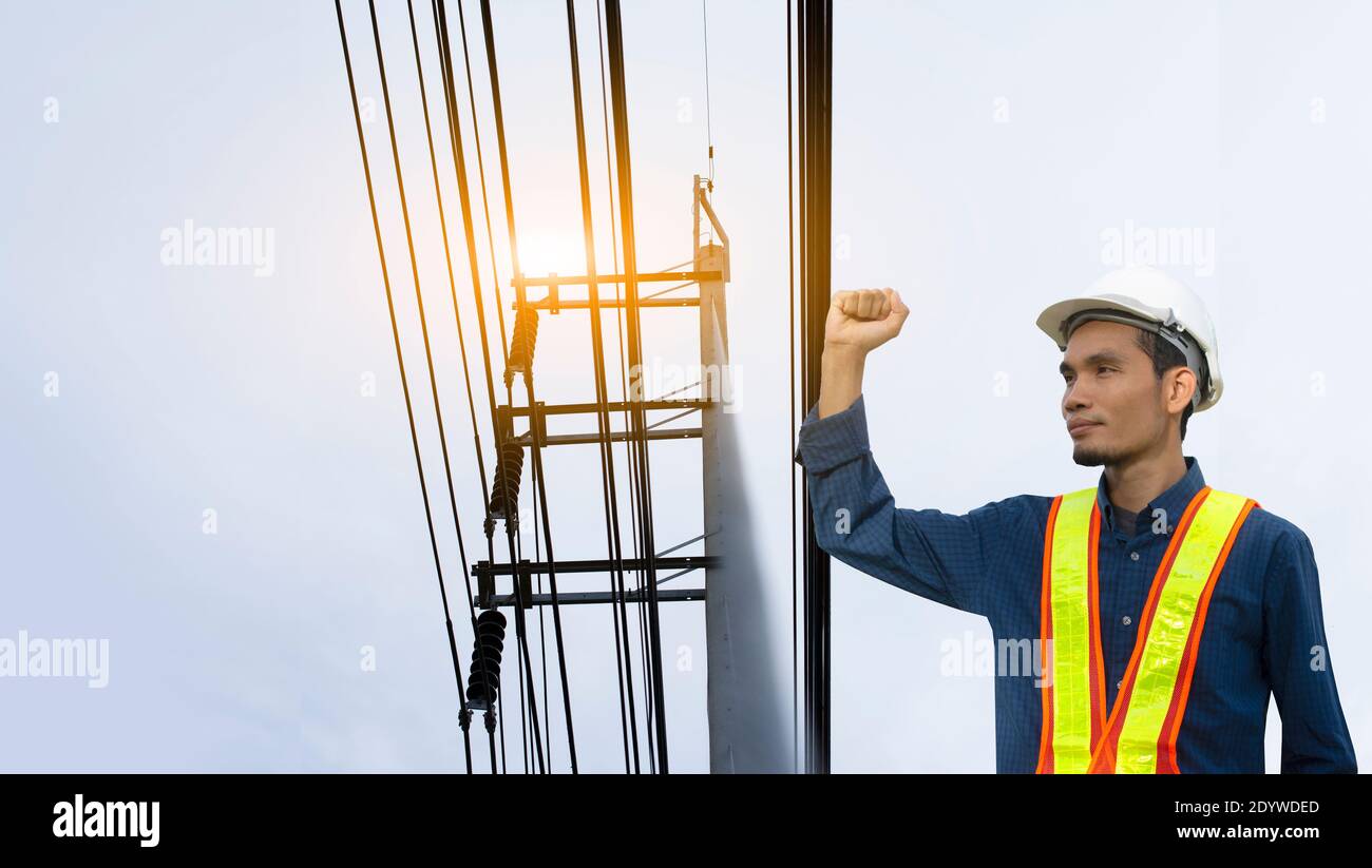 Engineering wears a white safety hat while working And Background ...
