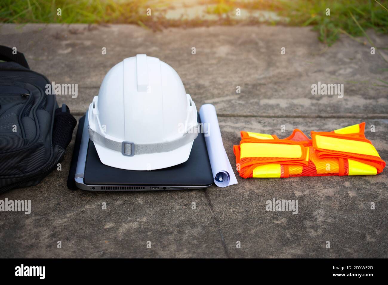 Safety hat and computer Equipment for safety work for engineer Stock ...
