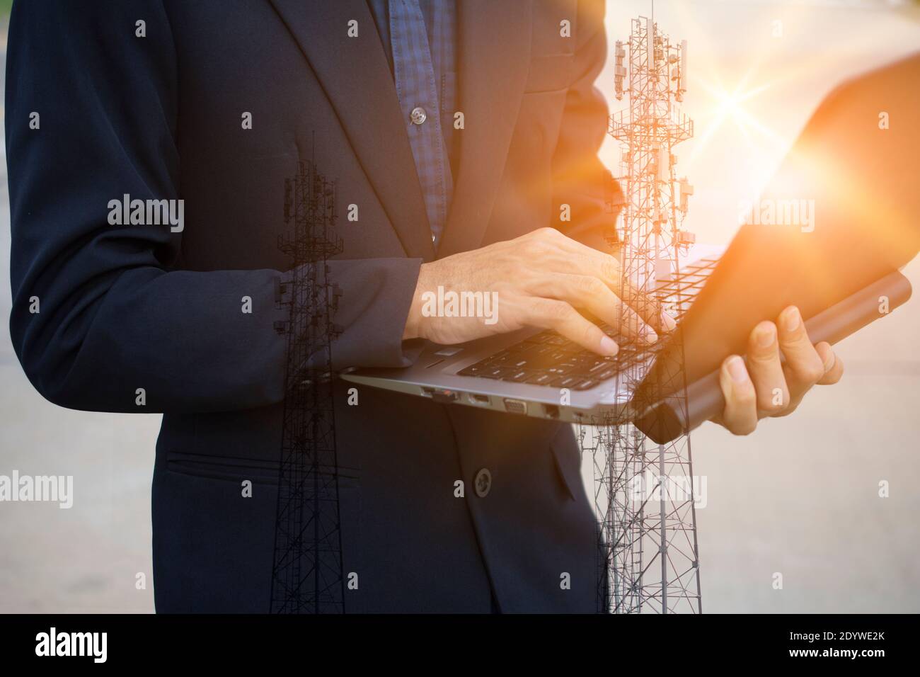 Double exposure Businessman holding computer notebook and Telephone and ...