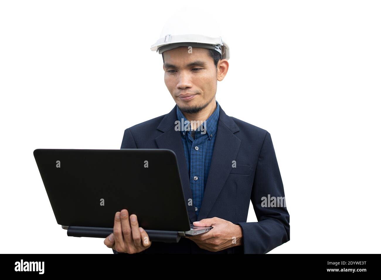 Engineer holding computer and working technology Stock Photo - Alamy