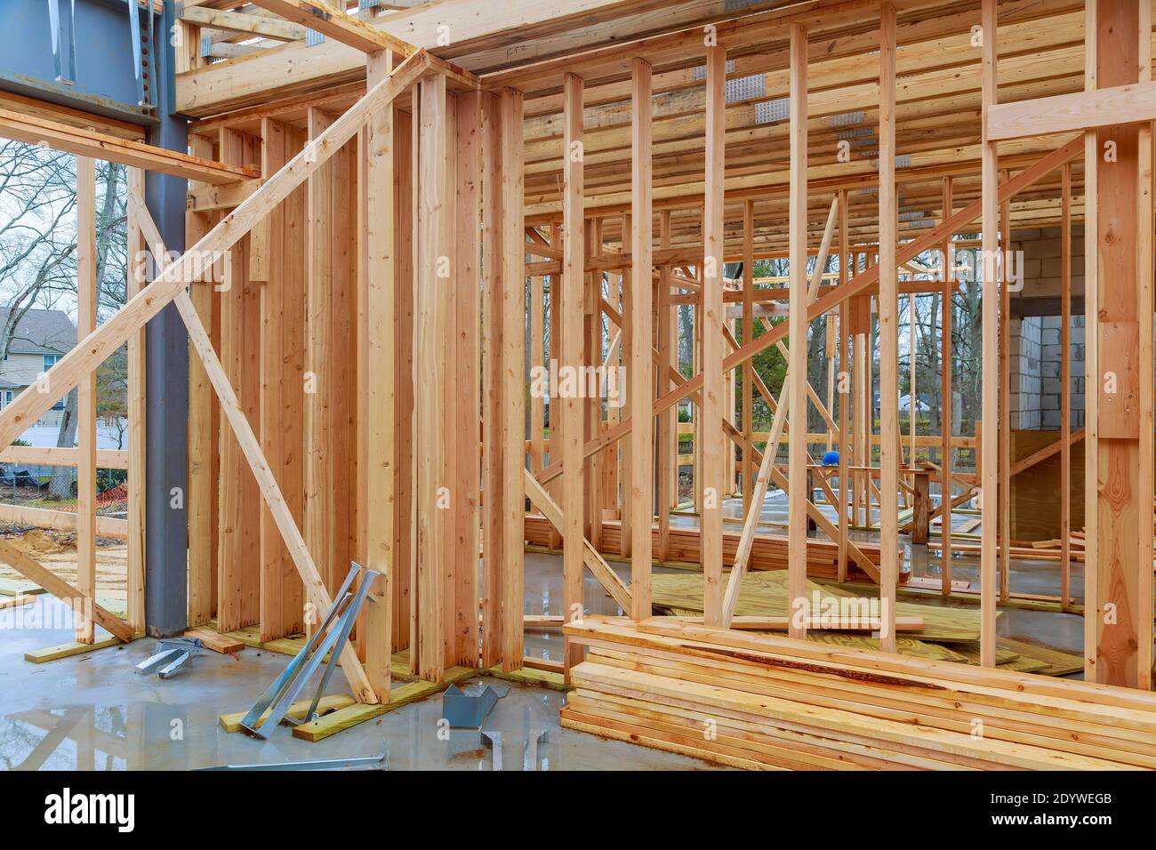 Construction home interior inside a framing on residential beam ...