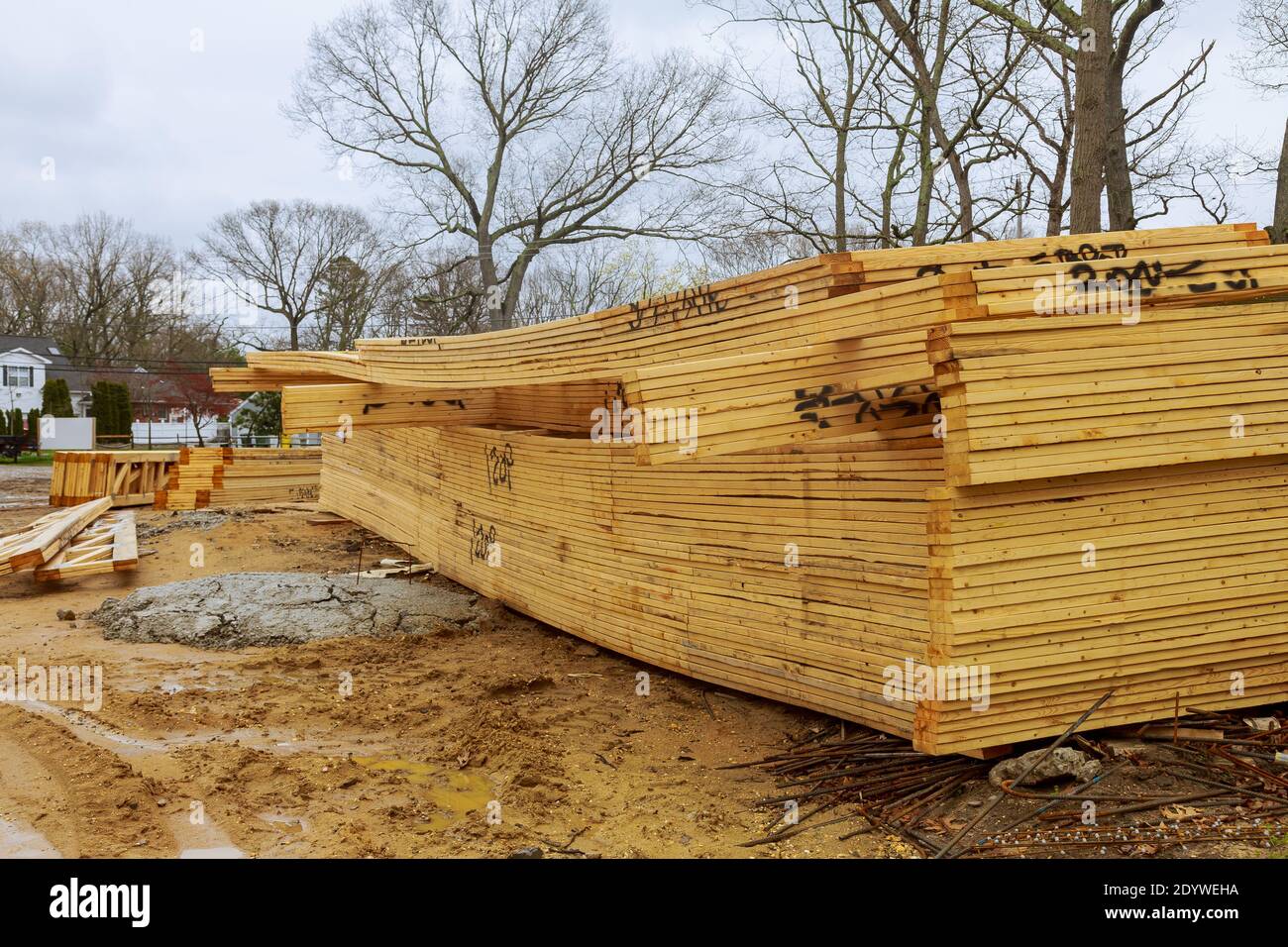 Stacked wooden building materials stack of boards wood frame beam ...