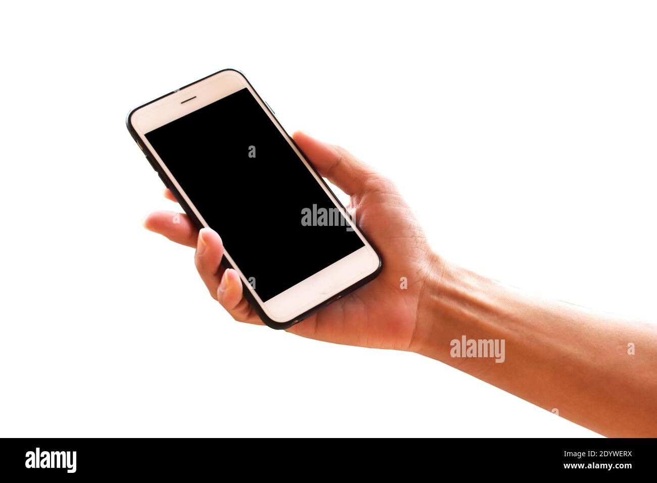 Hand holding mobile smart phone or telephone on white background Stock ...