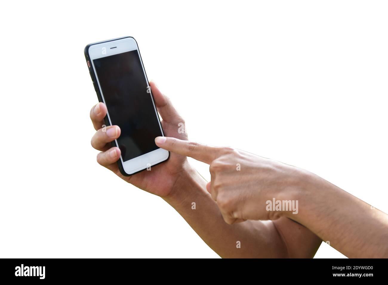 Hand holding mobile smart phone on white background Stock Photo - Alamy